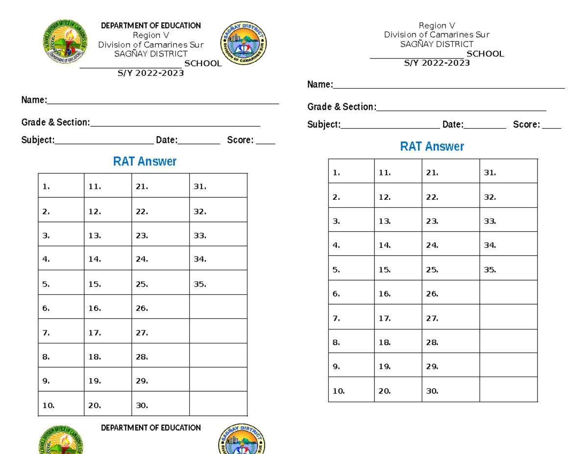 RAT Answer Sheet for Grade 6 - S/Y 2022-2023 - Studocu