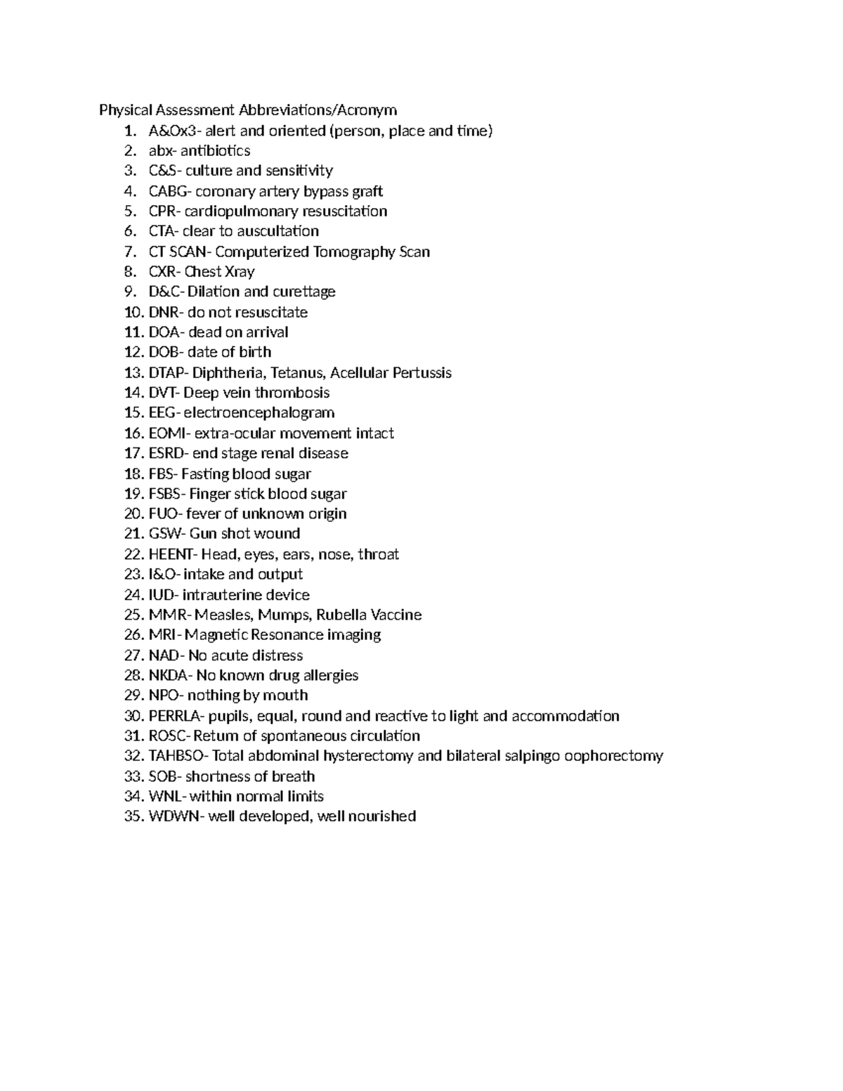 Physical Assessment Acronyms and Abbreviations Guide - Studocu