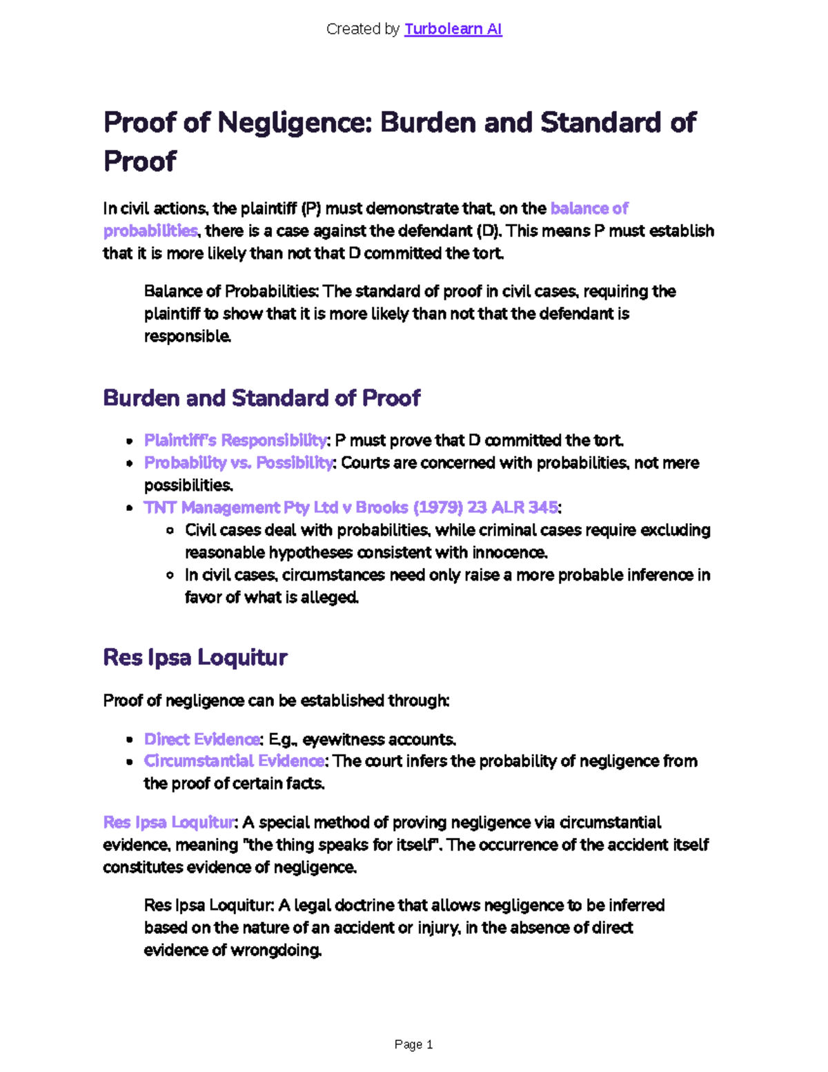 TNT 101: Proof of Negligence - Burden & Standard in Civil Actions - Studocu