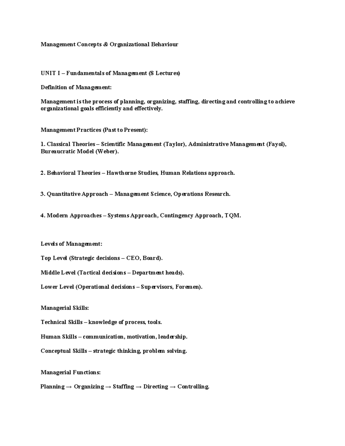Management Concepts and Organizational Behaviour: UNIT I Overview - Studocu