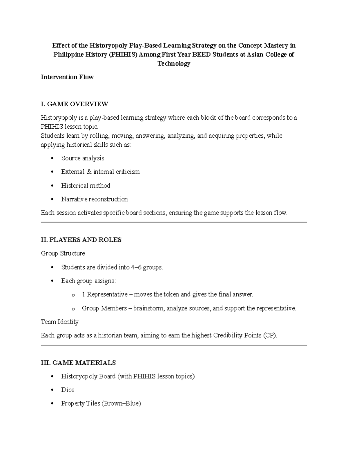 Historyopoly Intervention: Enhancing PHIHIS Mastery for BEED Students ...