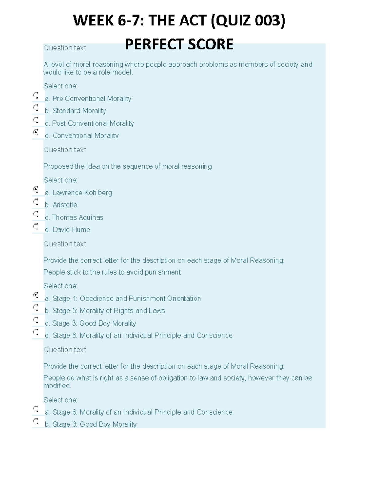 Ethics QUIZ 03 - Moral Reasoning and Stages Overview - Studocu
