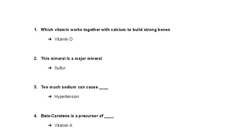 Food & Nutrition Quiz: Vitamins, Minerals, and Bone Health - Studocu