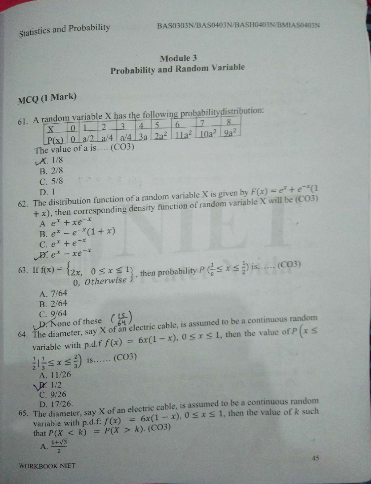 Unit 3 S&P: Probability and Random Variables MCQs (CO3) - Studocu