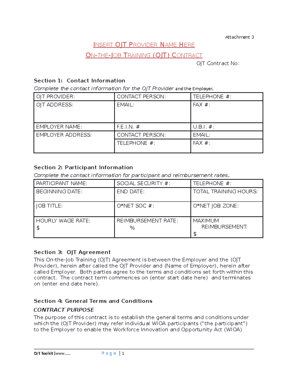 Sample OJT Contract - Attachment 3 INSERT OJT PROVIDER NAME HERE ON-THE ...