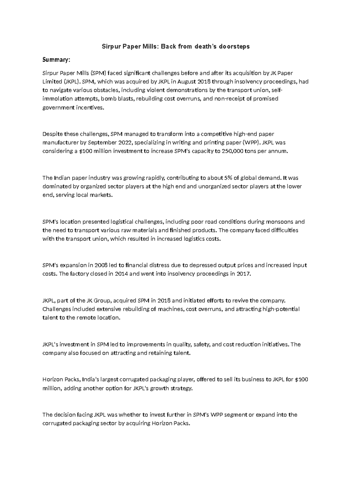 Sirpur Paper Mills Case Study: Revitalization Strategies and Challenges ...