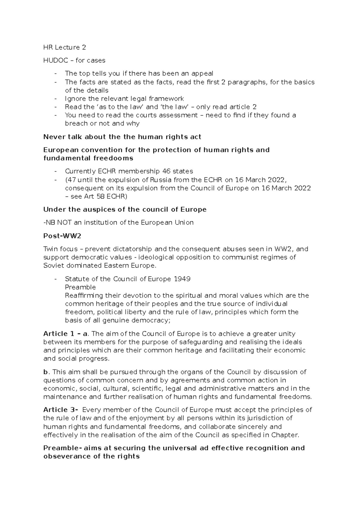 HR Lecture 2: Understanding HUDOC and ECHR Case Assessments - Studocu