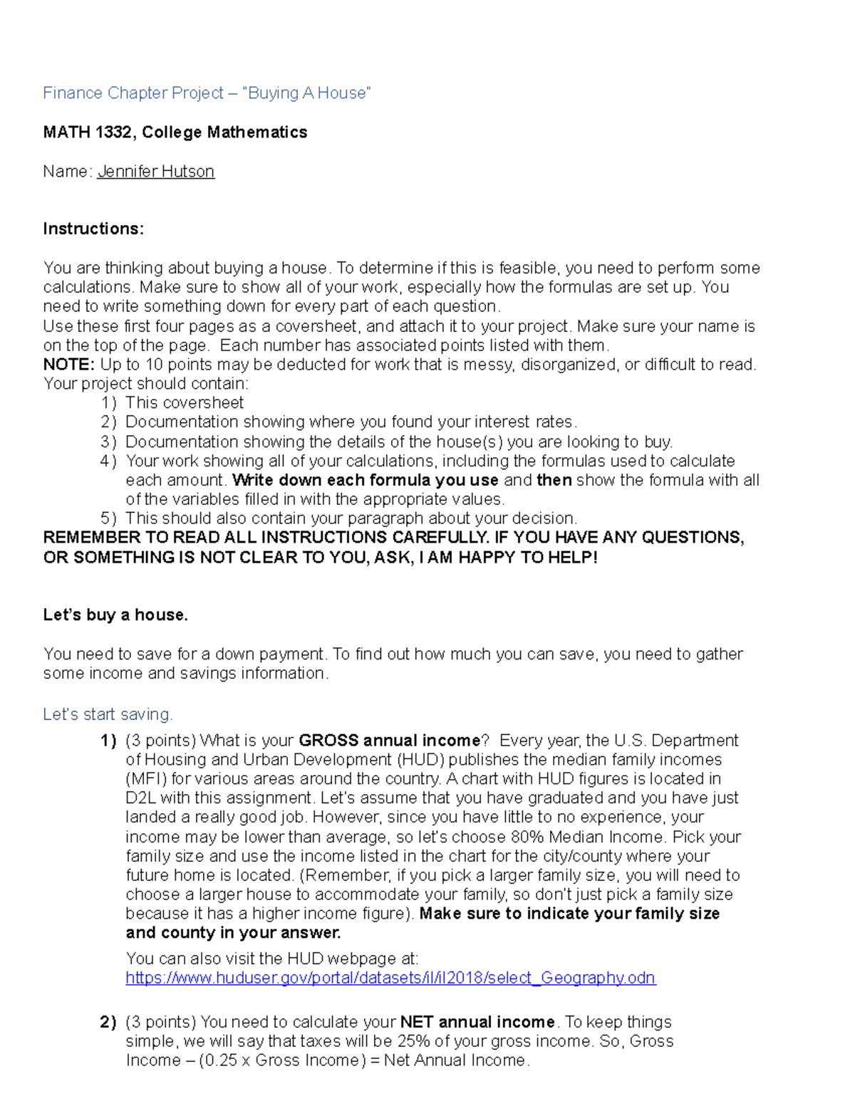 MATH 1332 Project: Buying a House - Analysis & Calculations - Studocu