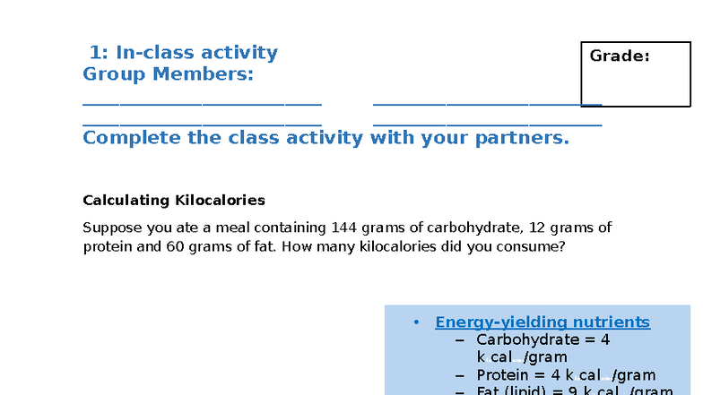 In-Class Activity: Calculating Kilocalories for Nutrients - Studocu