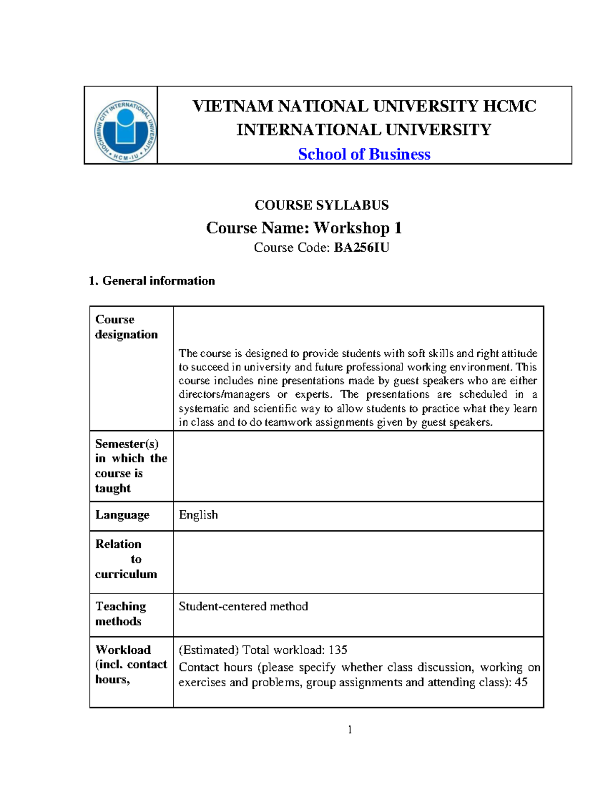 BA256IU Workshop 1 Course Syllabus - Studocu