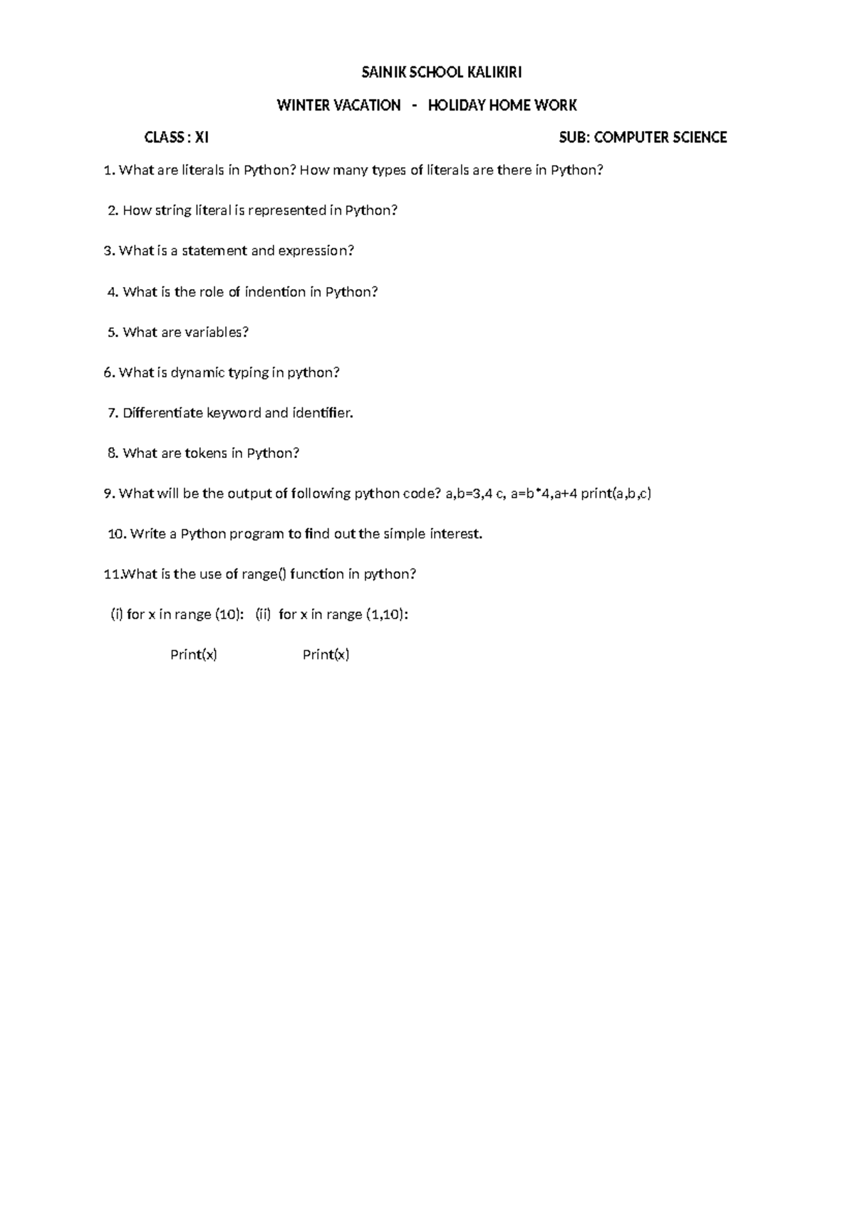 Class XI - Computer Science Holiday Homework Assignment - Studocu