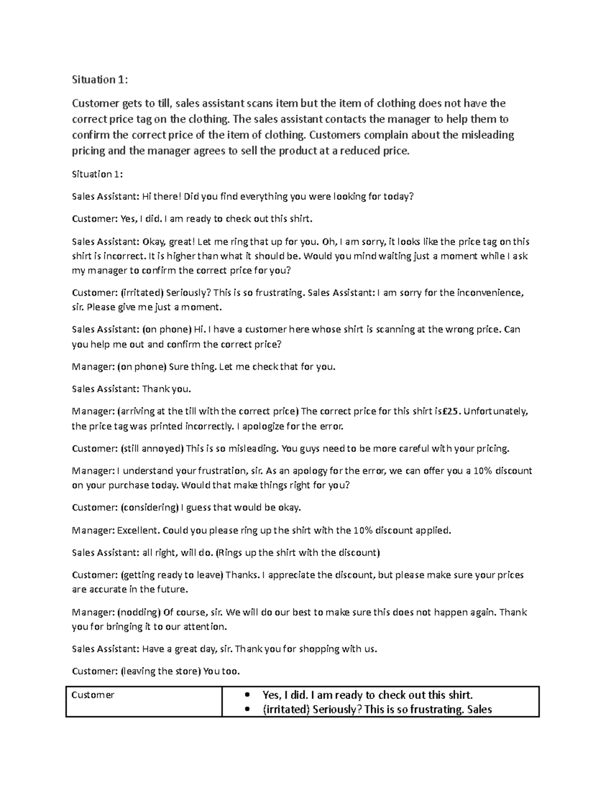 Customer Service Role Play Script (CS101): Handling Pricing Issues and Returns - Studocu