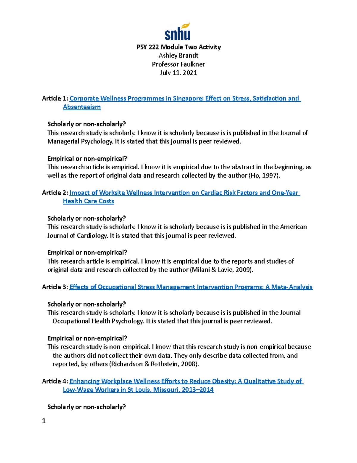 PSY 222 Module 2 Assignment - PSY 222 Module Two Activity Joseph Marcus ...