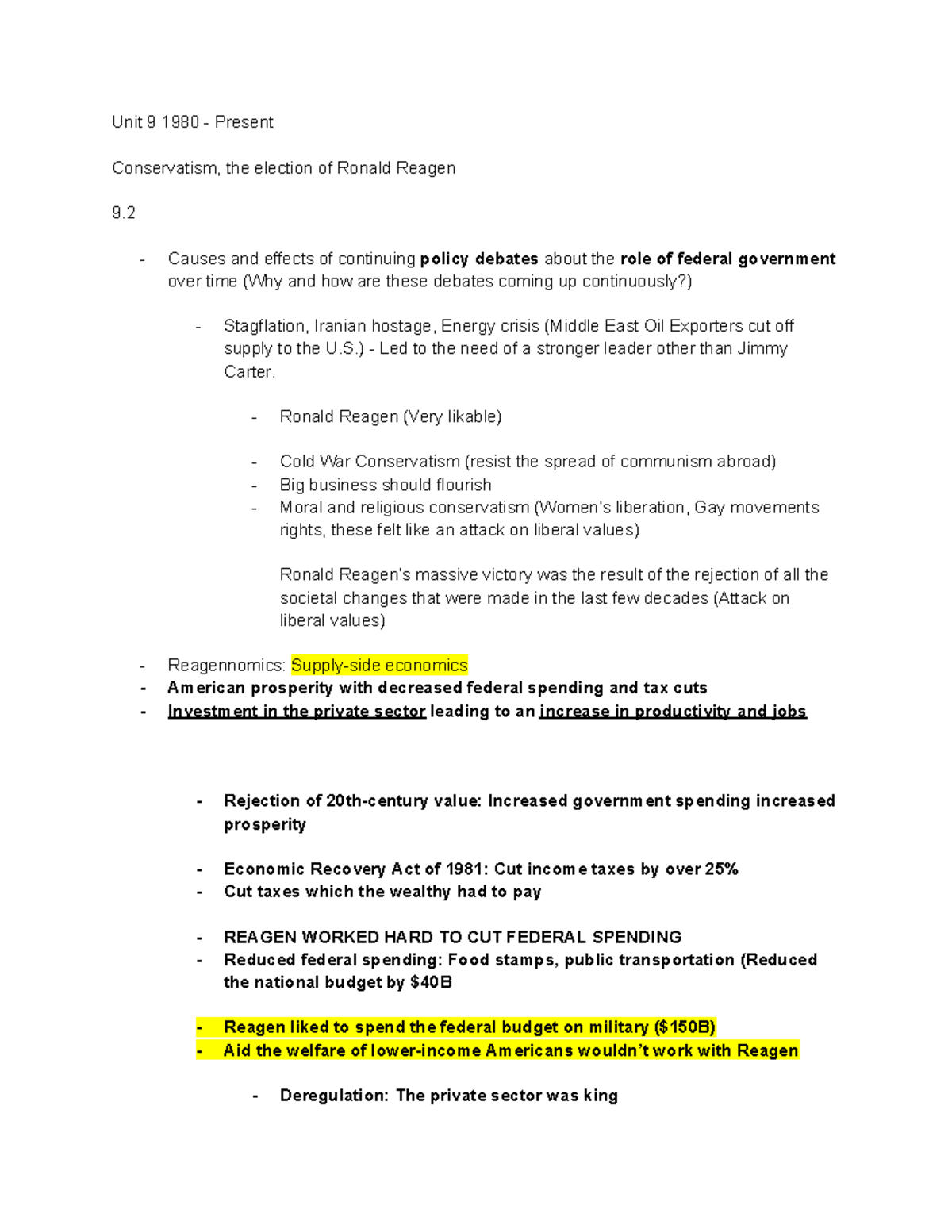 Unit 9 APUSH Notes: Conservatism & Reagan's Impact (1980-Present) - Studocu