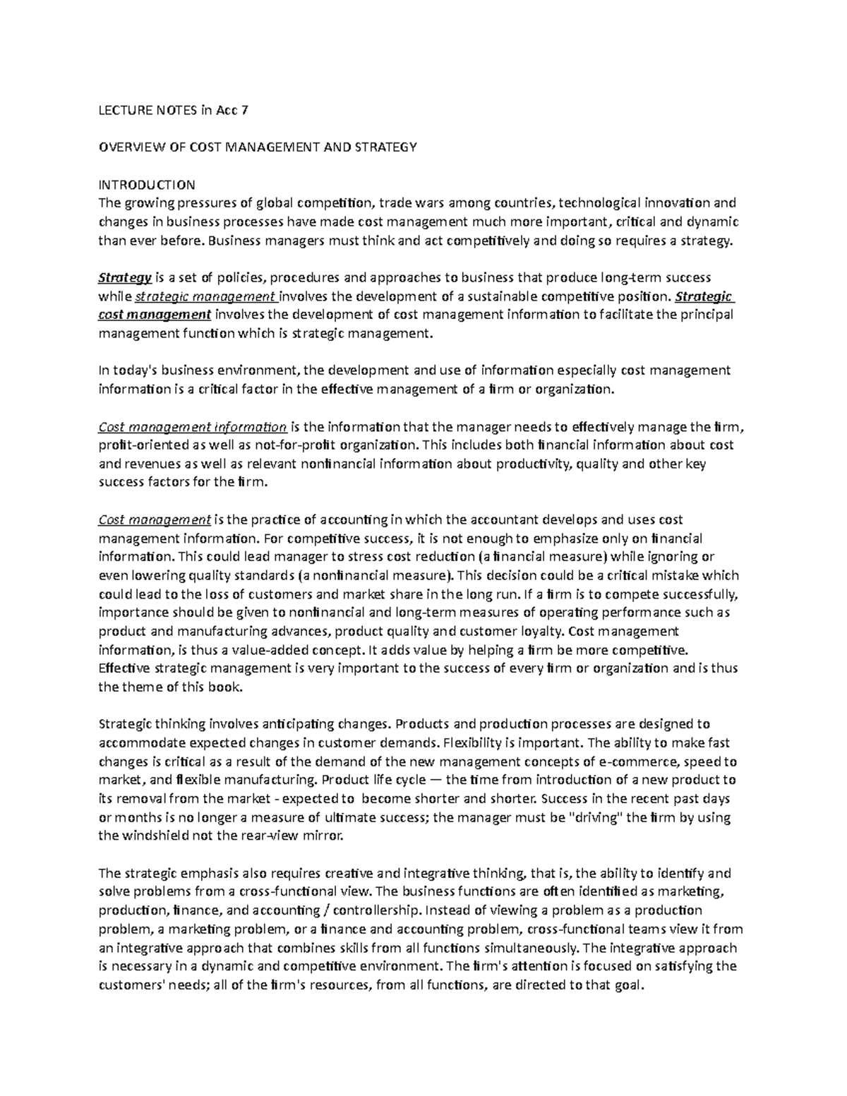 Strategic Cost Management - ACC 7: Essential Lecture Notes for Success ...