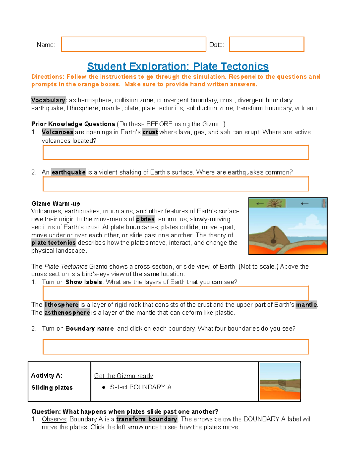 Plate Tectonics Student Exploration Guide - Gizmo Activity - Studocu