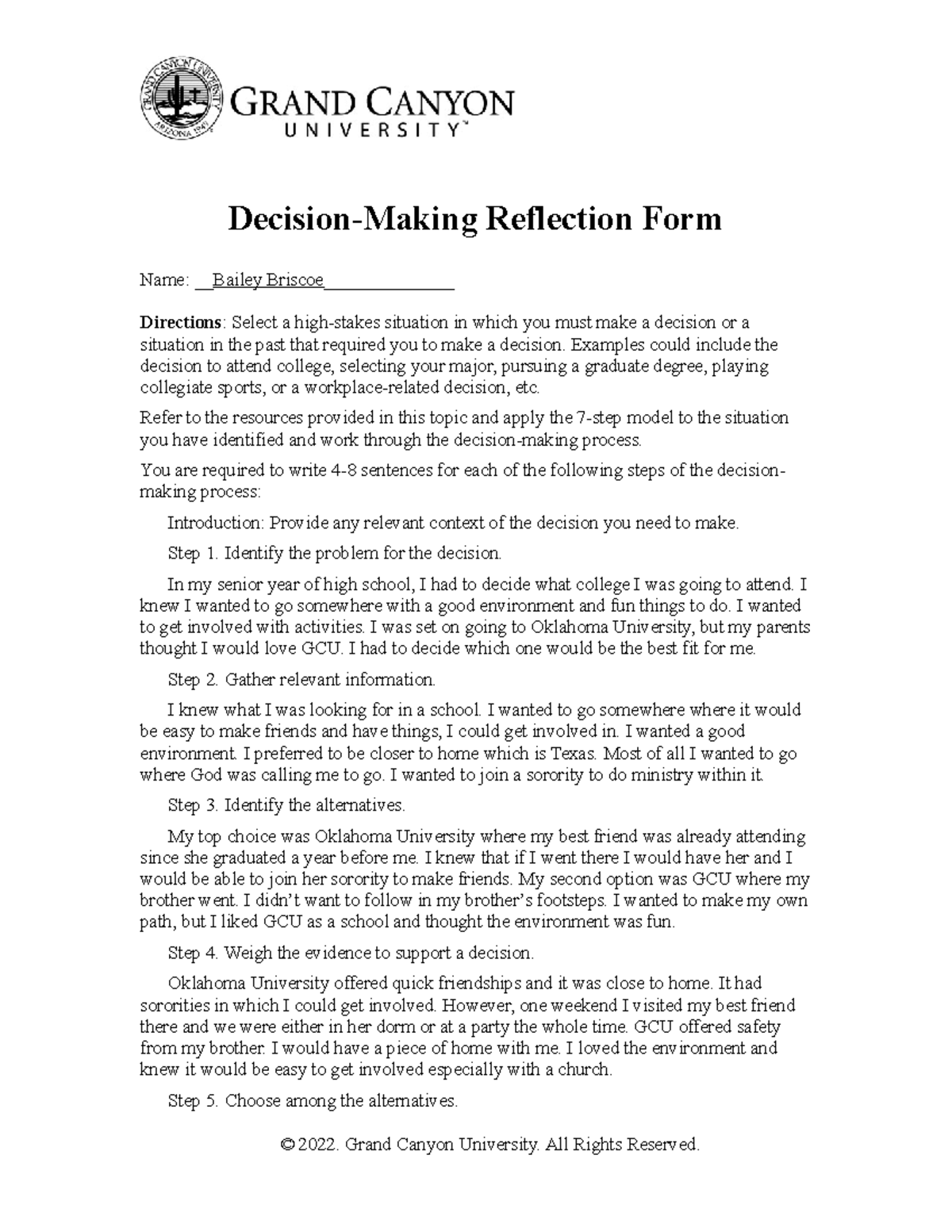LDR 462 RS Decision Making Reflection: Choosing My College Path - Studocu