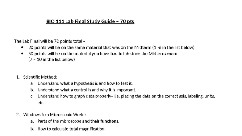BIO 111 Lab Final Study Guide: Key Concepts for 70 pts - Studocu