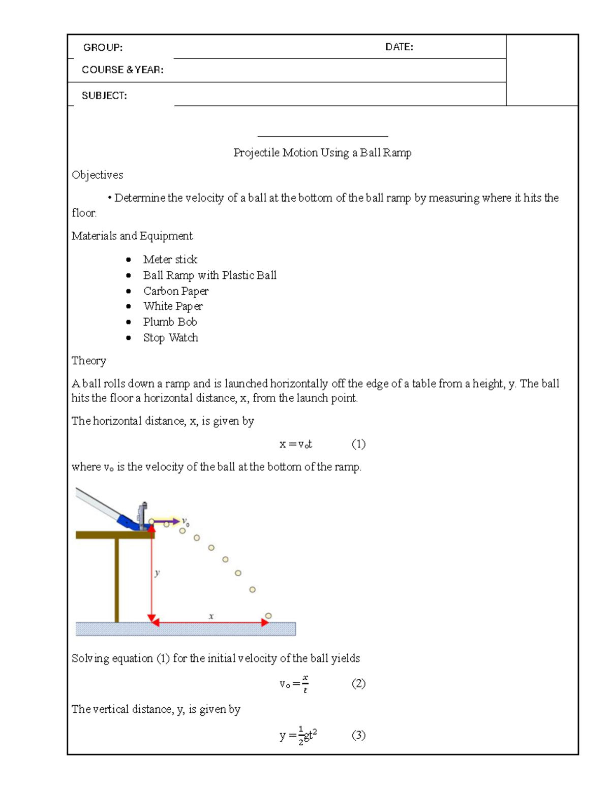Projectile Motion Experiment: Velocity Calculation Using Ball Ramp ...