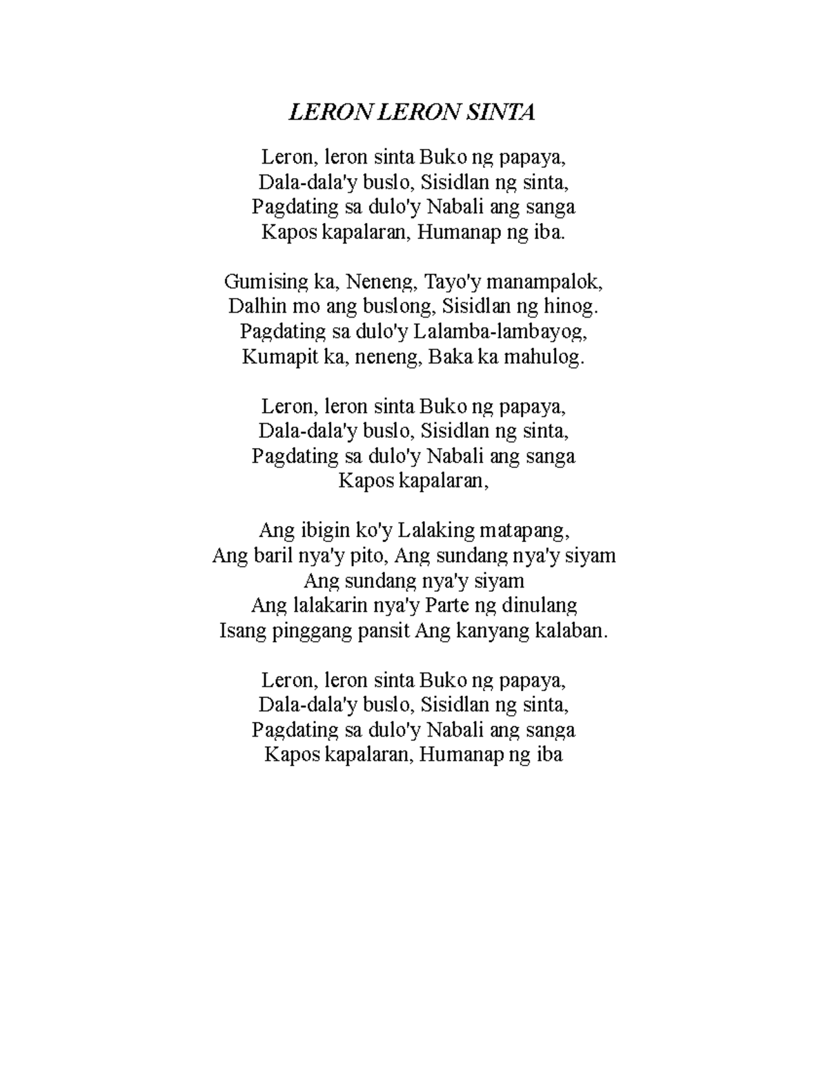 Folksongs - LERON LERON SINTA Leron, leron sinta Buko ng papaya, Dala ...