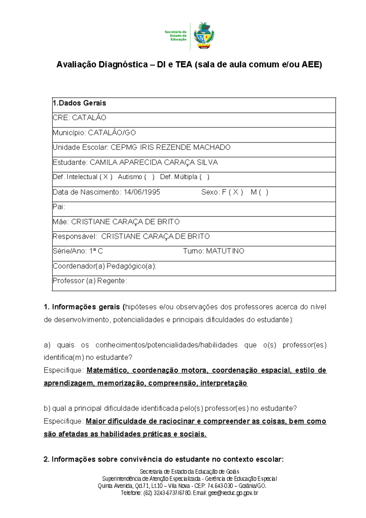 Avaliação Diagnóstica DI TEA sala comum e ou AEE - Camila AP Caraça ...