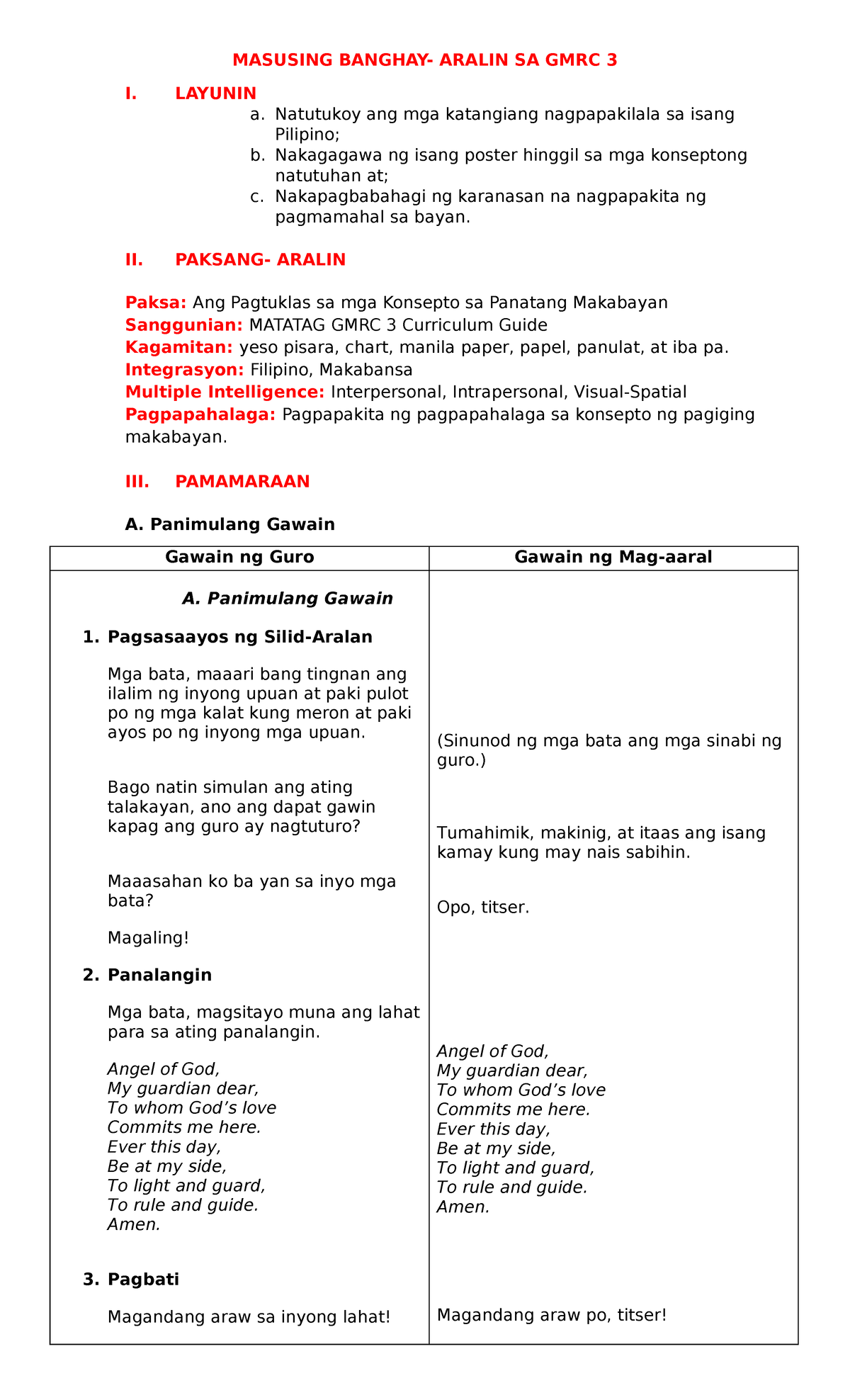MASUSING ARALIN SA GMRC 3: Pagtuklas sa Panatang Makabayan - Studocu