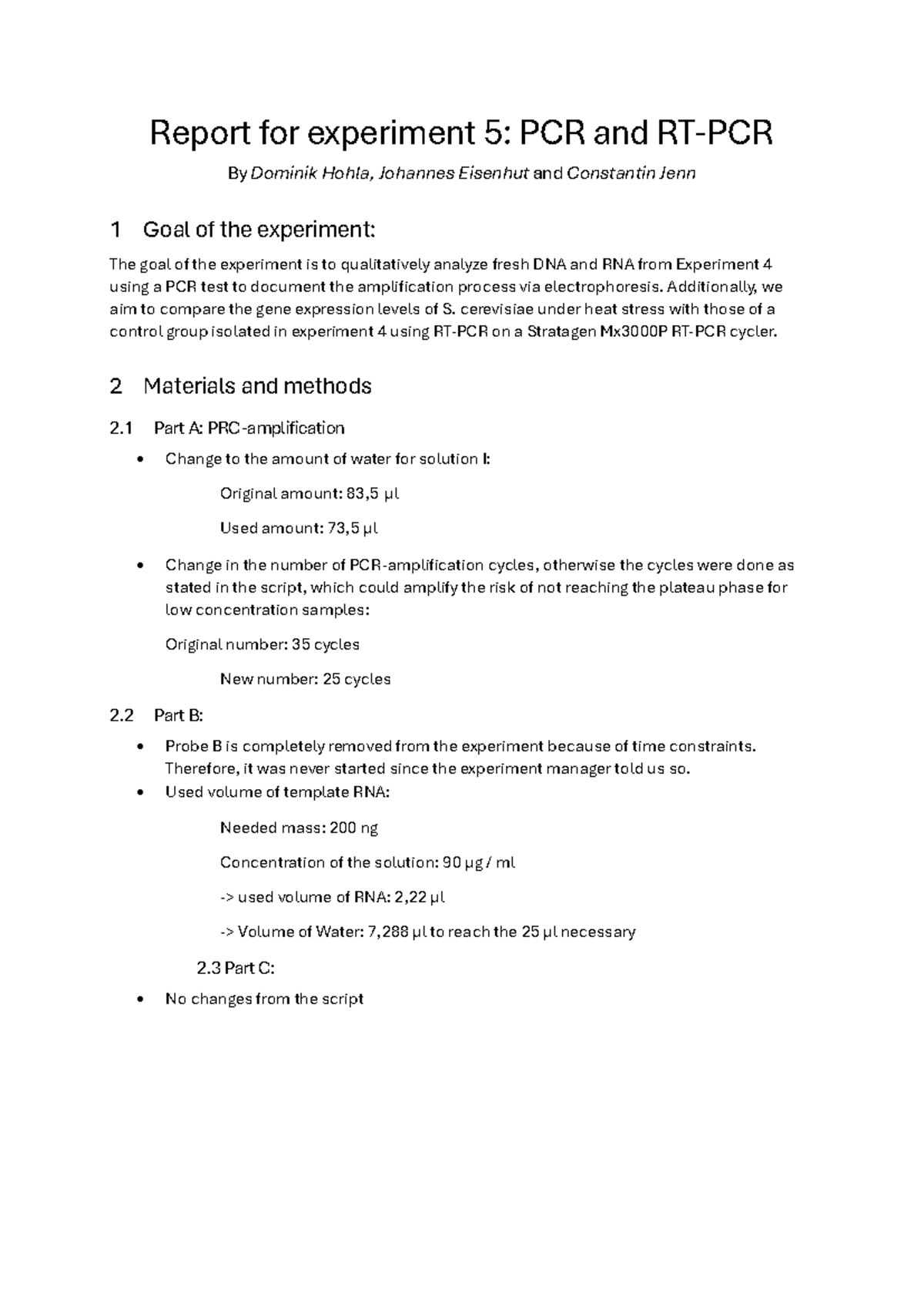 Experiment 5 Report: PCR Analysis of DNA/RNA - BC1 - Studocu