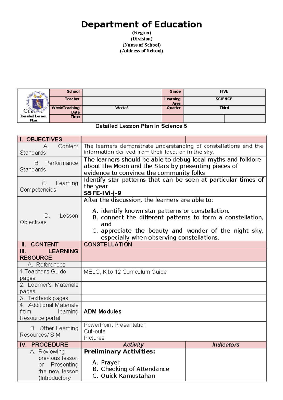 COT4- Science 5-Q4 - Detailed Lesson Plan on Constellations - Studocu