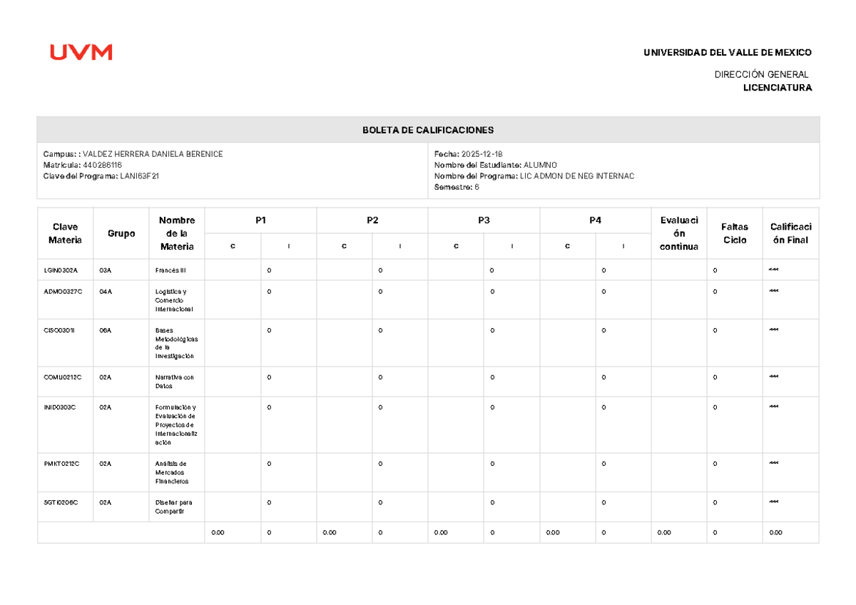 Boleta de Calificaciones - Lic. Admon de Neg Internac (LANI63F21) - Studocu