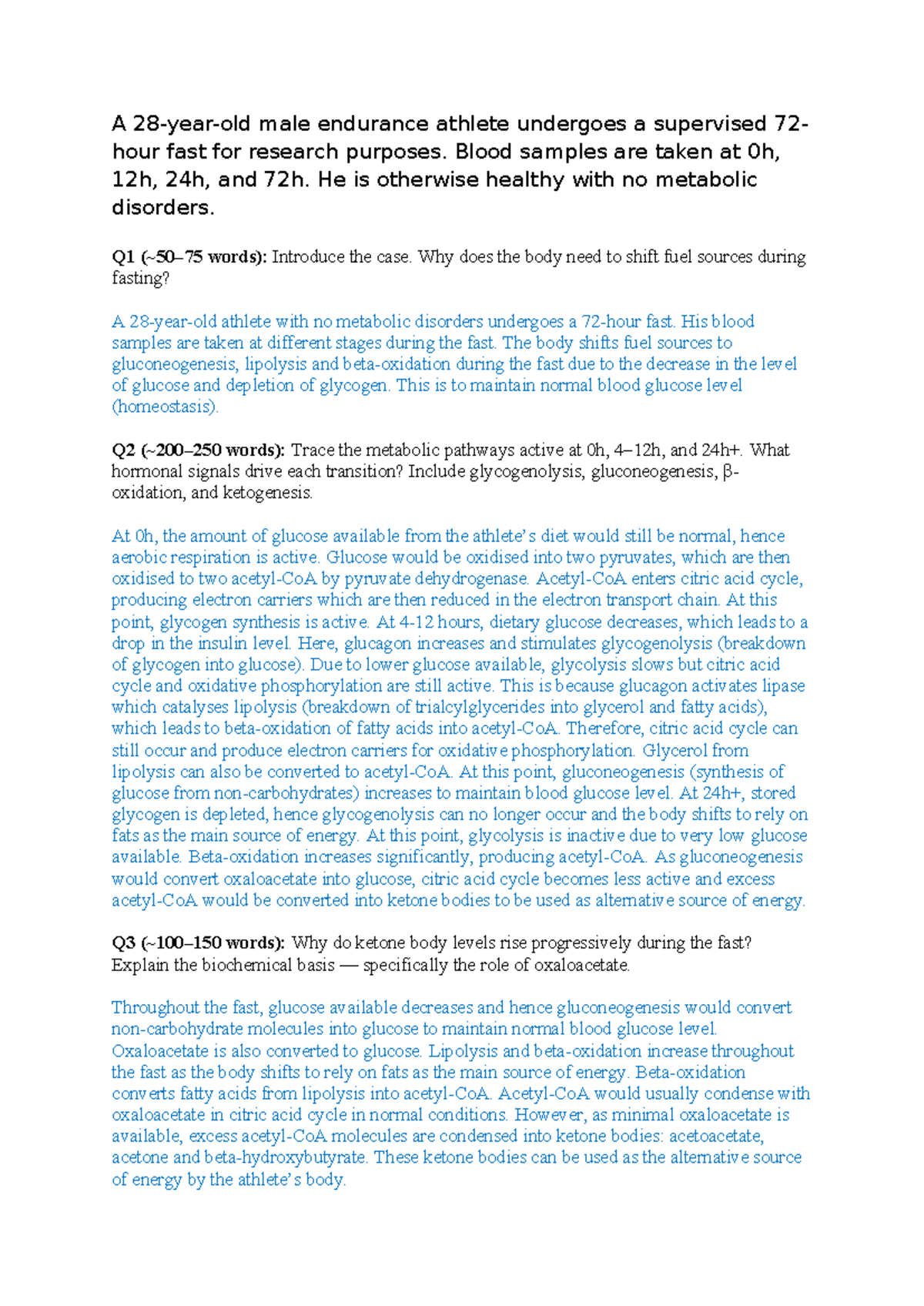MAT2 Case Study: Metabolic Shifts During Fasting and Exercise - Studocu