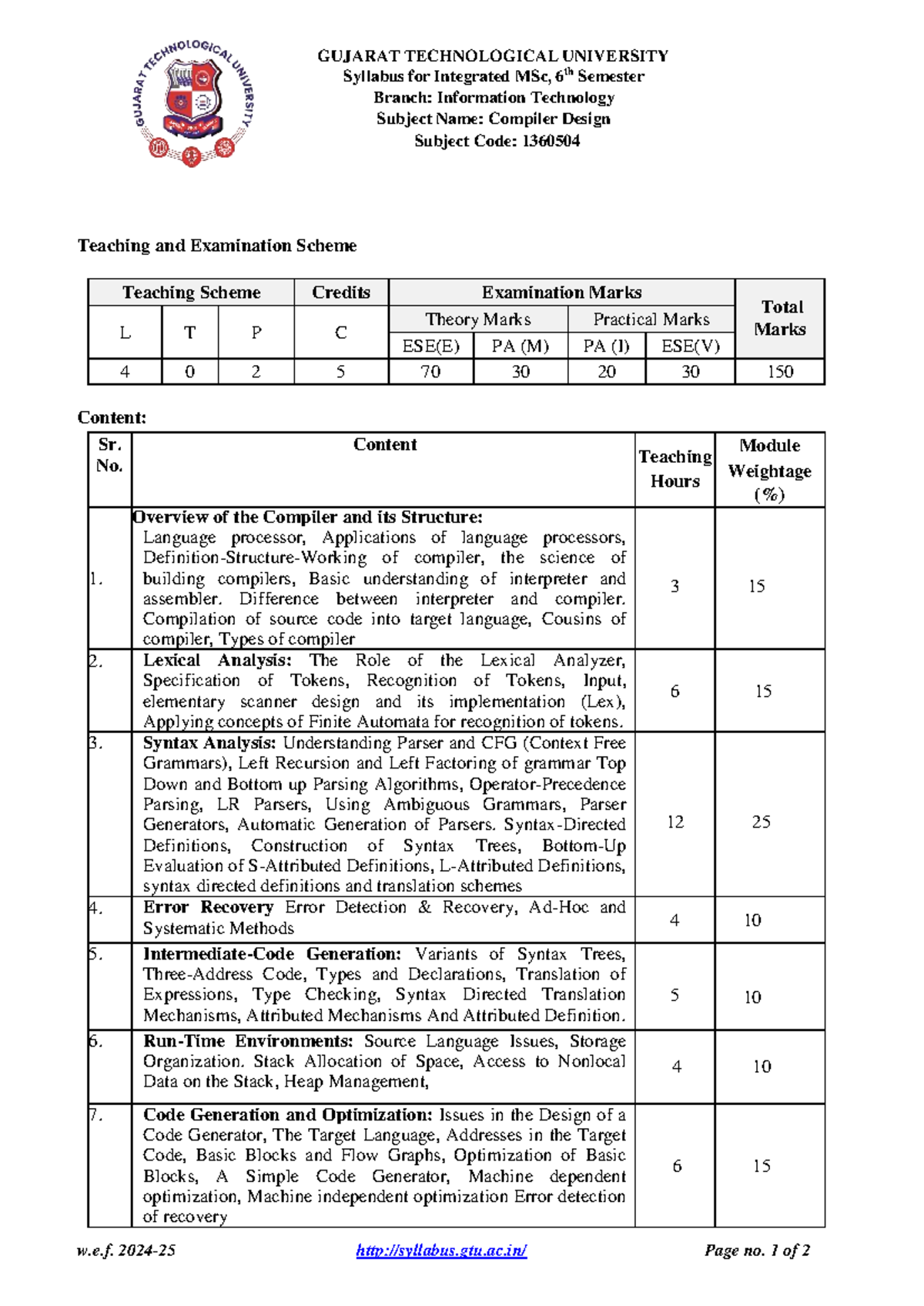 1360504 Compiler Design Syllabus - Integrated MSc 6th Sem - Studocu