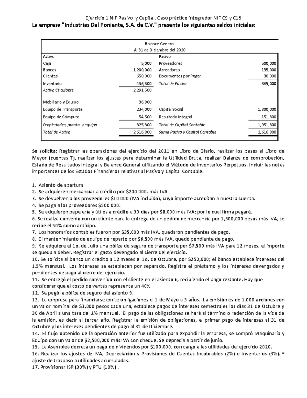 Ejercicio 1: Caso Práctico NIF C9 y C19 - Registro Contable 2021 - Studocu
