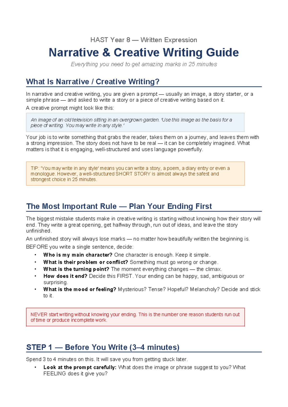 HAST Year 8 Narrative Creative Writing Guide for Success - Studocu