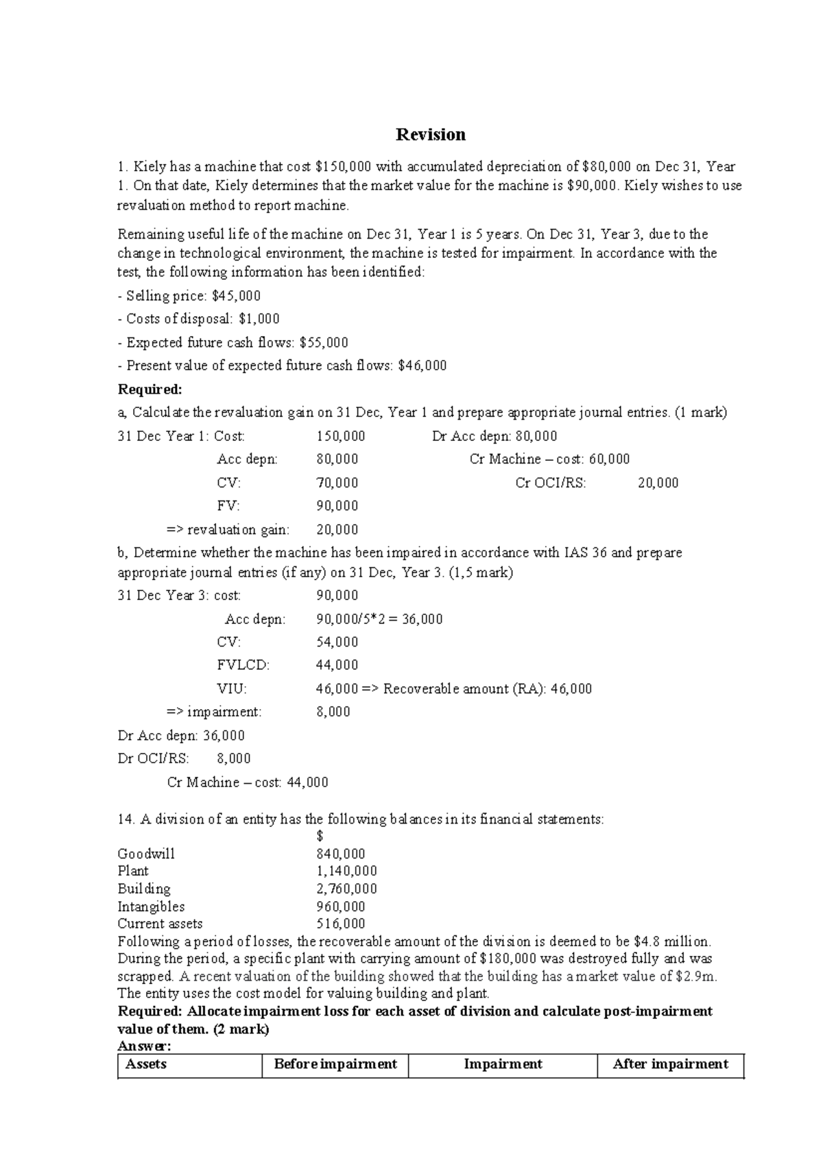 Revaluation and Impairment Analysis for Machine - Revision 1 - Studocu