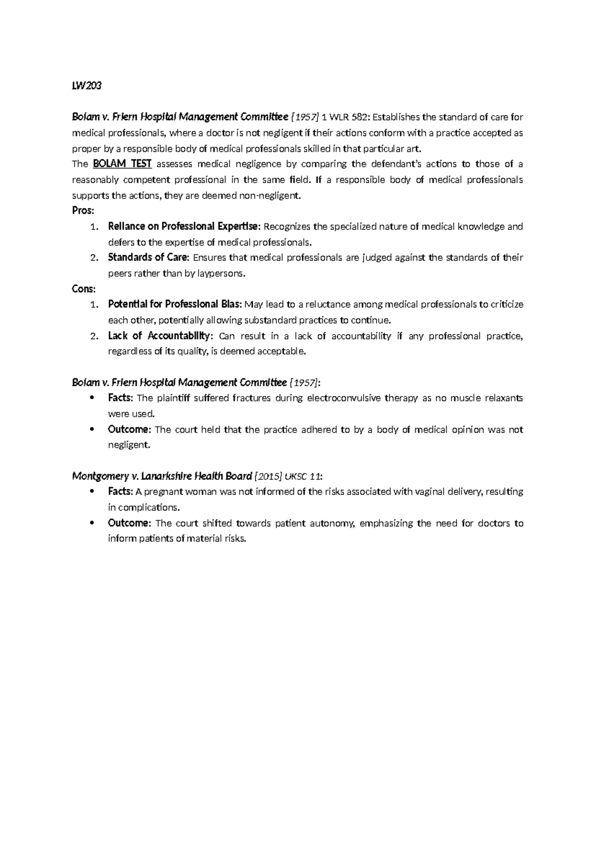 Bolam Test Overview in Torts: Key Points & Case Summaries - Studocu