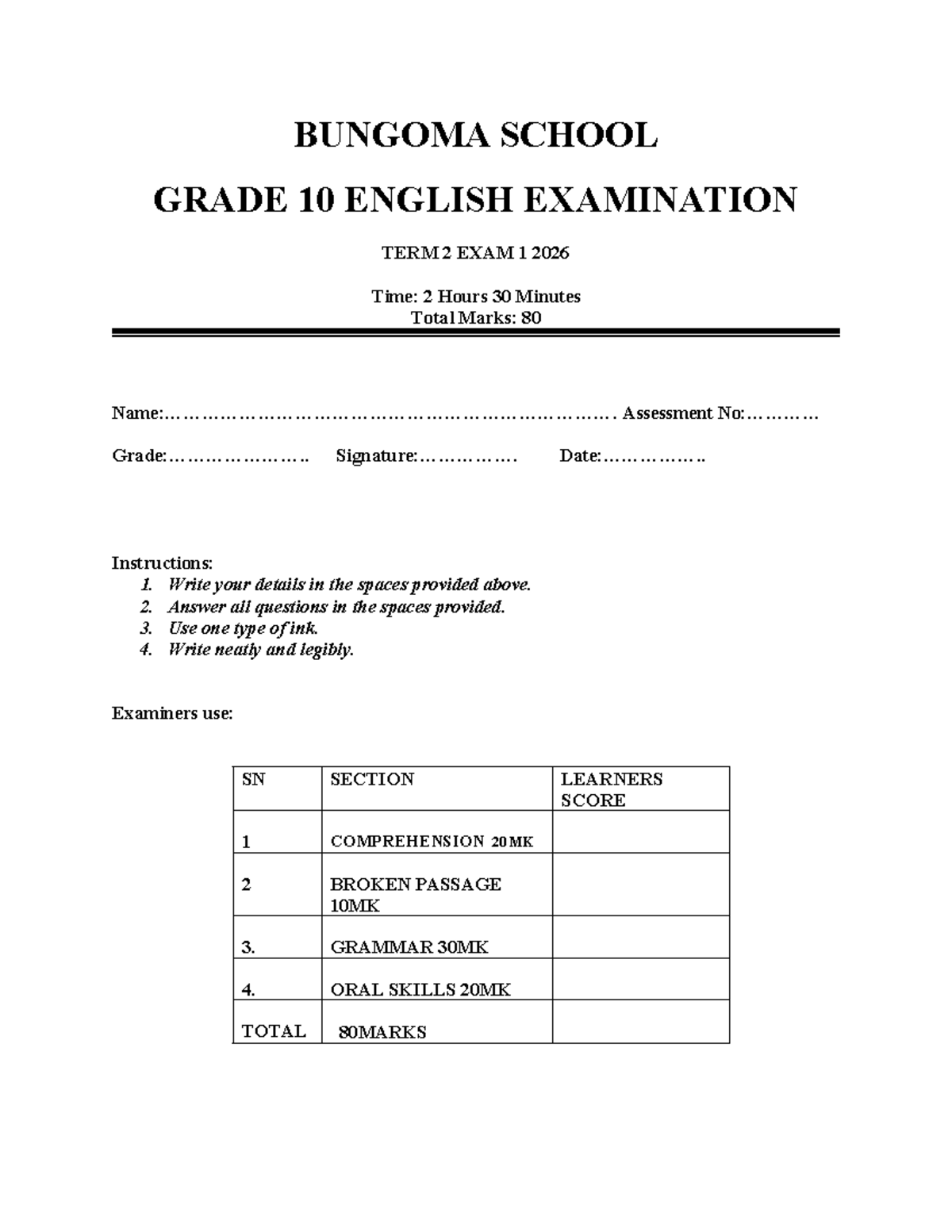 BG Grade 10 English Term 2 Exam 1 - Importance of Discipline - Studocu