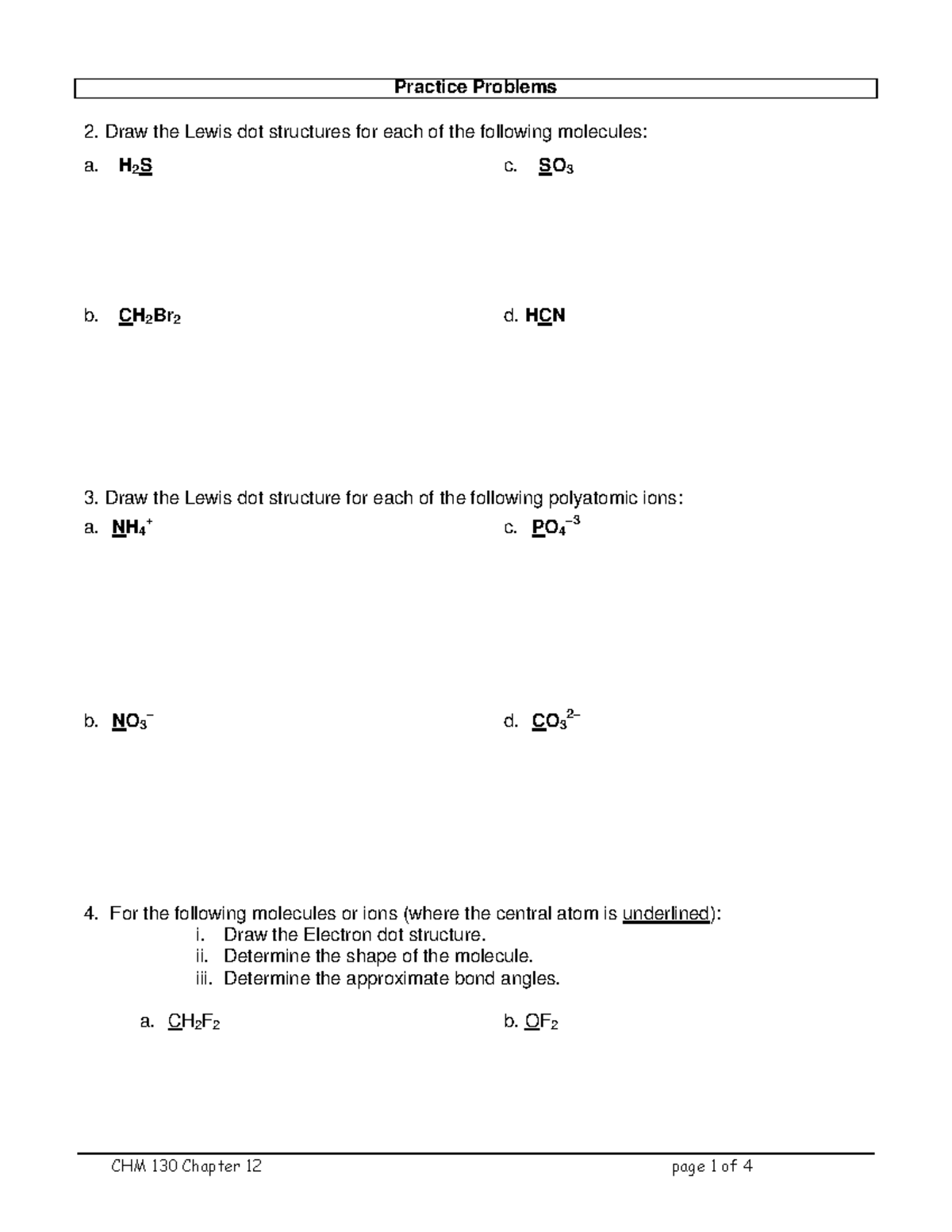 CHM 130 Practice Problems: Lewis Structures & Bonding Concepts - Studocu