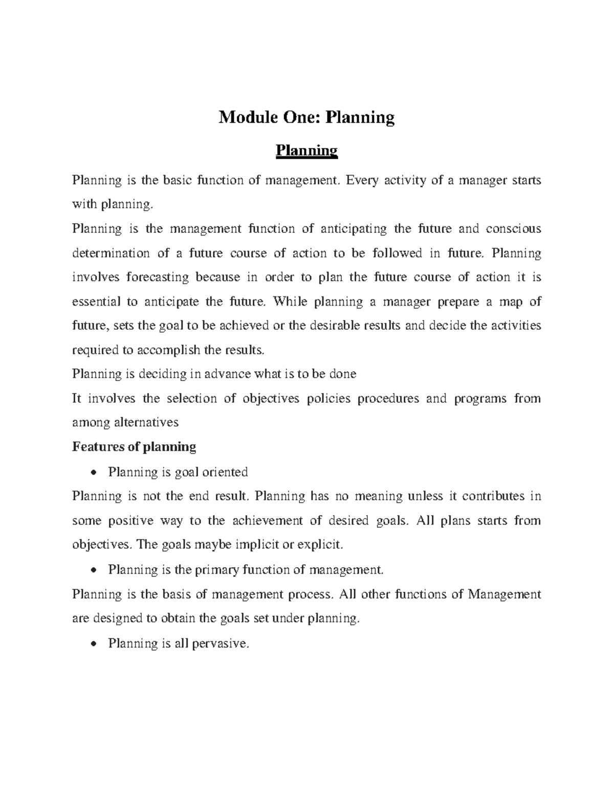 Module 1: Comprehensive Guide to Planning in Management - Studocu