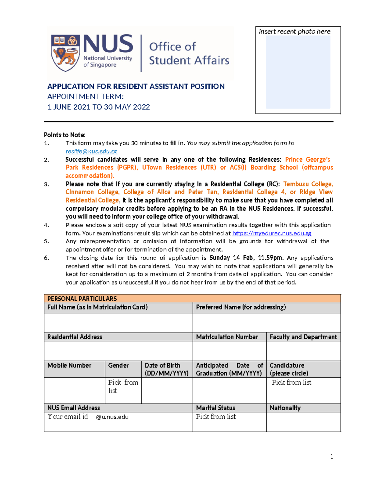 NUS RA Application Form for 2021-2022 Term - Studocu