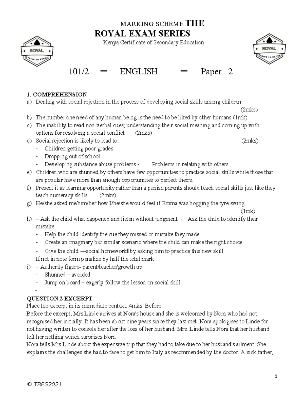 MARKING SCHEME: KCSE ENGLISH PAPER 2 - SOCIAL REJECTION & EXCERPTS ...