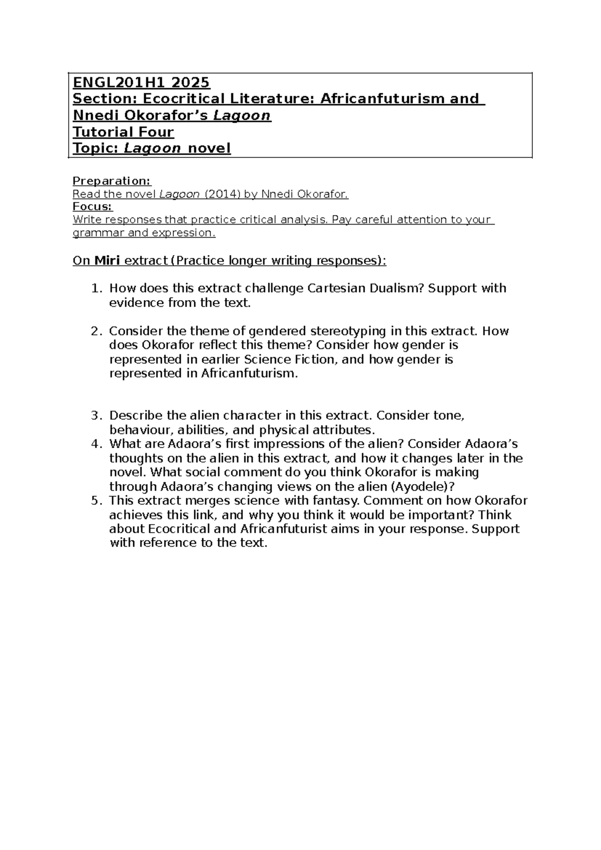 ENGL201H1 2025 Tutorial 4: Ecocritical Analysis of Lagoon by Nnedi ...