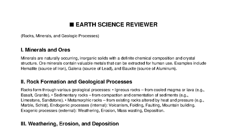 EARTH SCI 101 REVIEWER: Rocks, Minerals, and Geologic Processes - Studocu