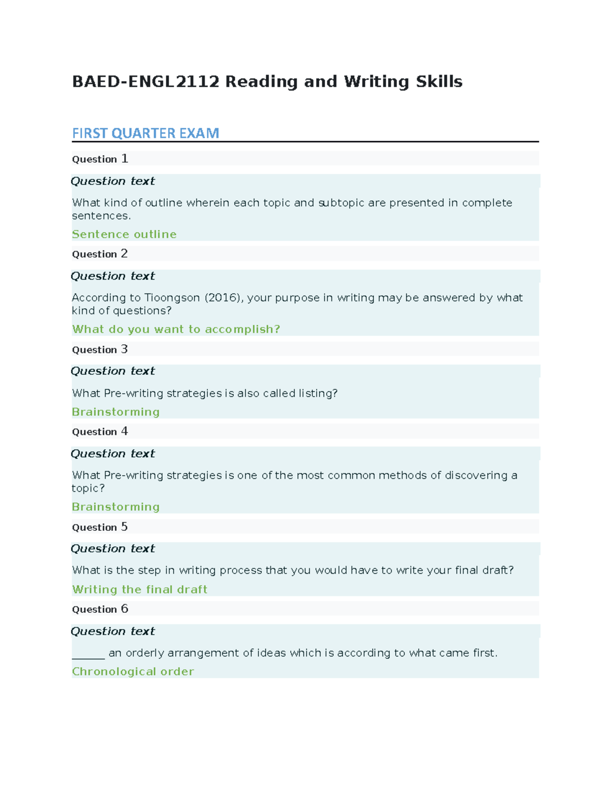 BAED-ENGL2112 First Quarter Exam on Reading and Writing Skills - Studocu