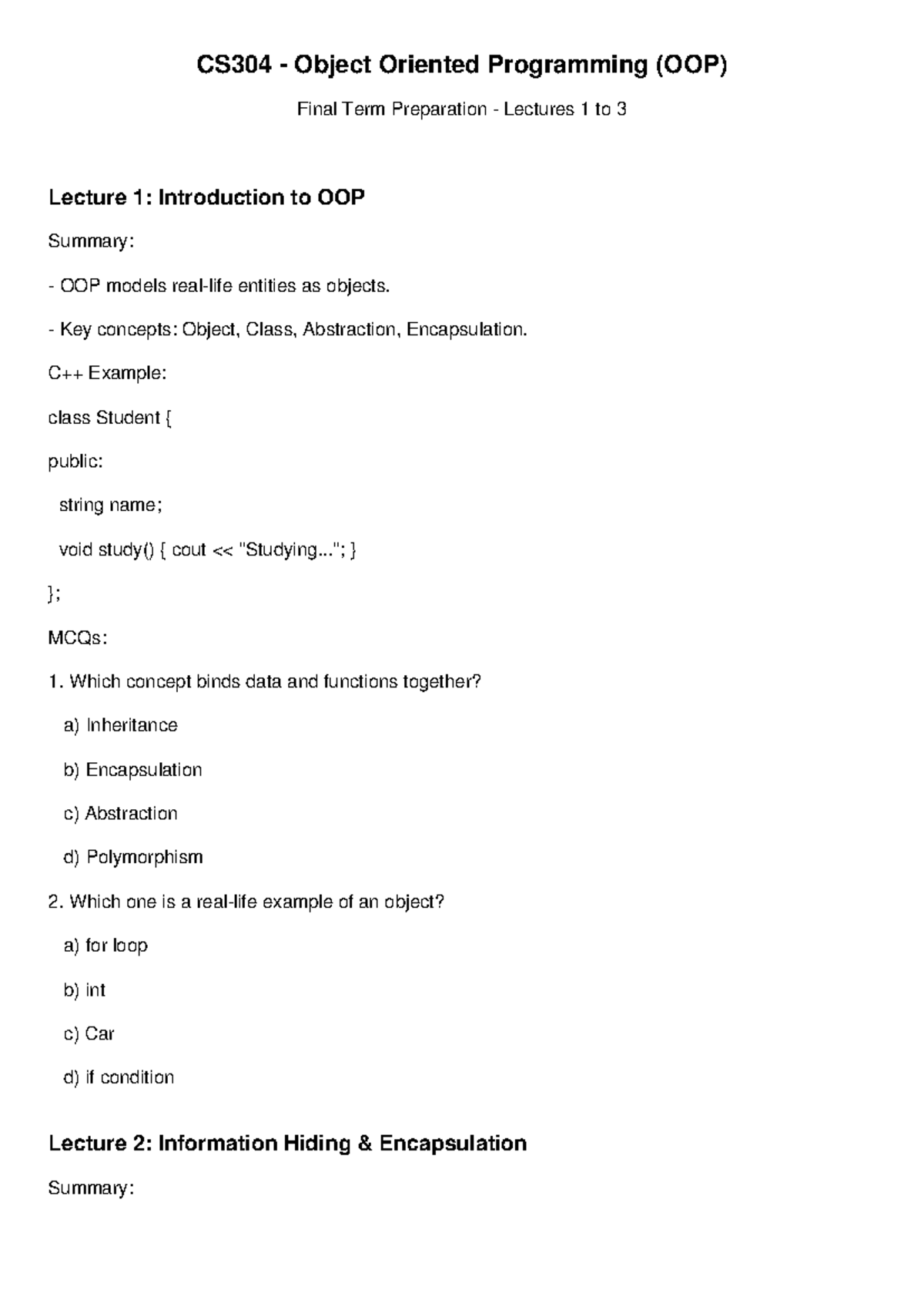 CS304 OOP Final Term Prep: Lectures 1-3 Summary & MCQs - Studocu