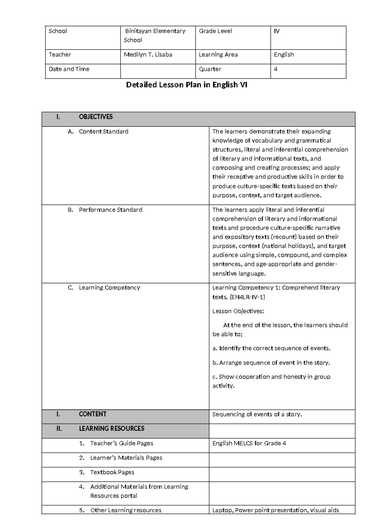 Detailed Lesson Plan for English IV: Sequencing Events in Stories - Studocu