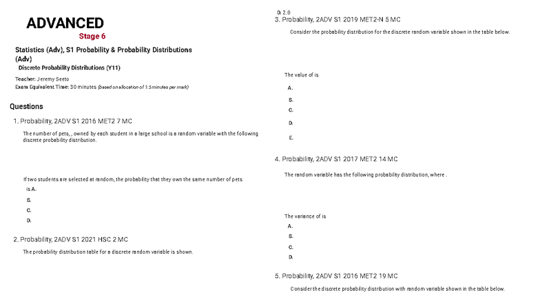 Past HSC Discrete Probability Distribution Answers (2ADV S1) - Studocu