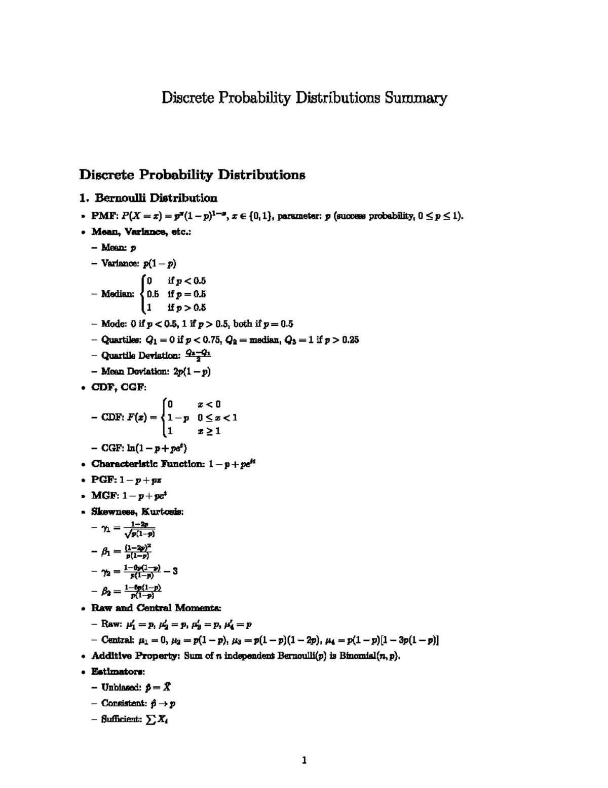 Discrete Probability Distributions Summary: Key Formulas and Concepts ...