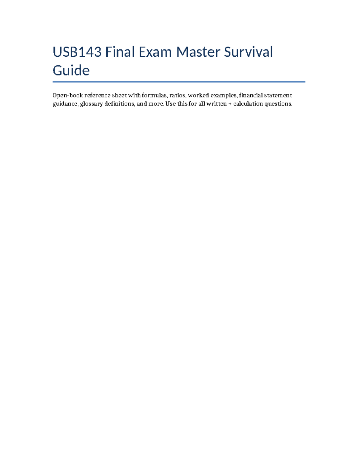 USB143 Final Exam Formula & Guide: Financial Ratios & Statements - Studocu