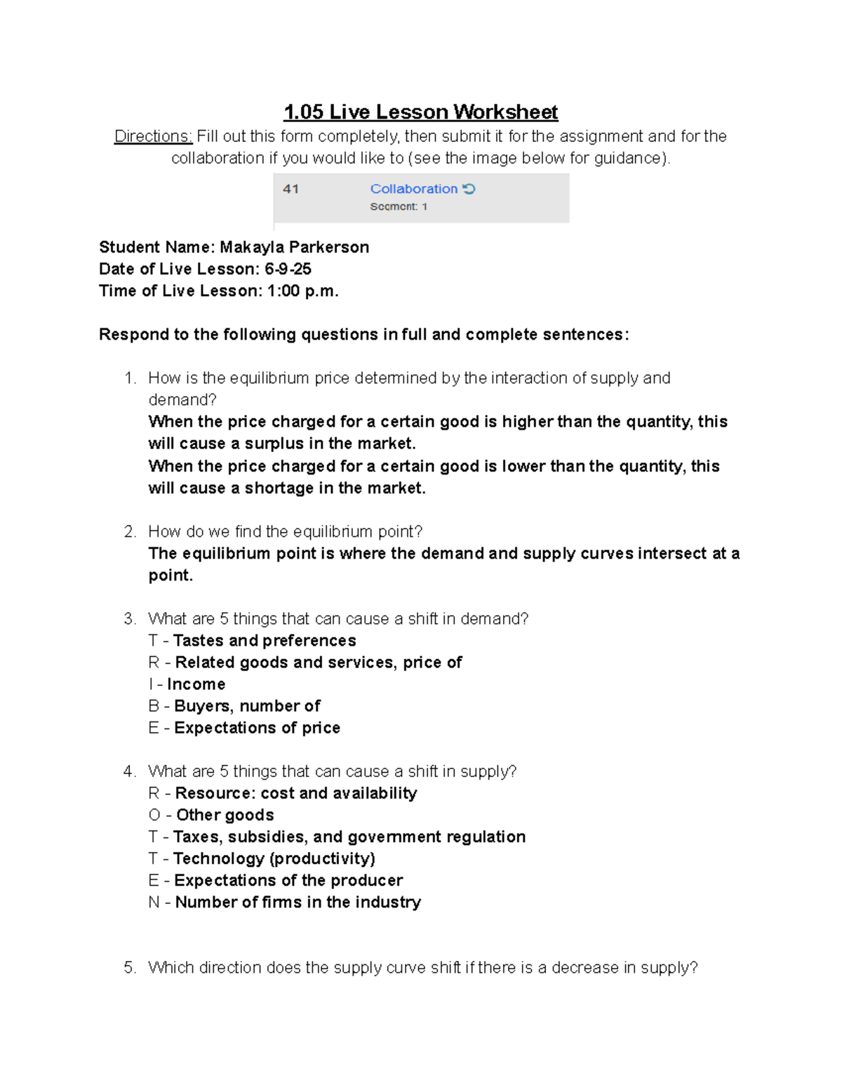1.05 Economics Live Lesson Worksheet: Supply & Demand Insights - Studocu