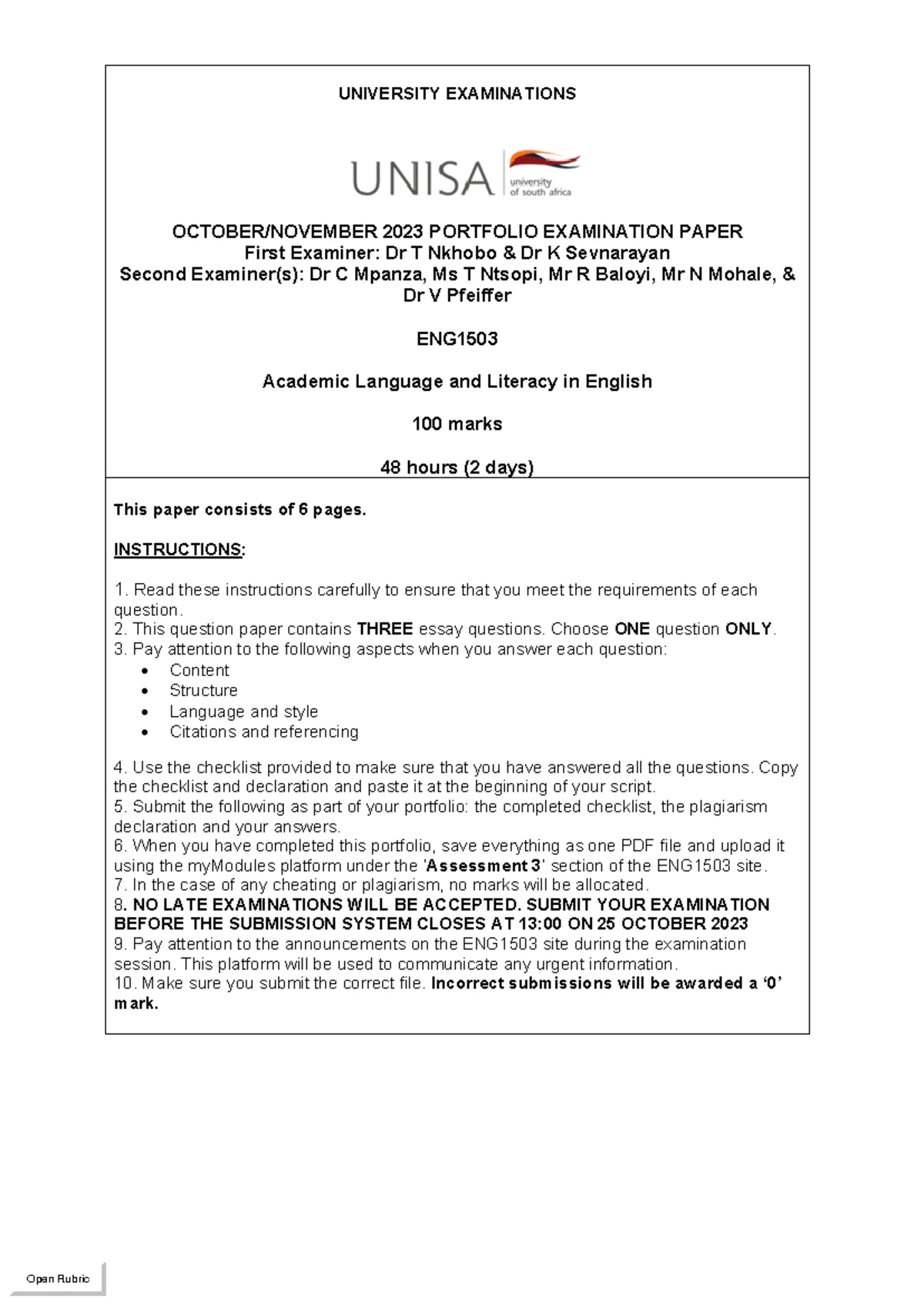 ENG1503 Assignment 1: Academic Language & Literacy - SEM 1 2024 - Studocu